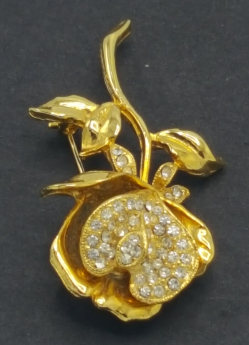 Vintage Gold & Rhinestone Rose Brooch - Etsy