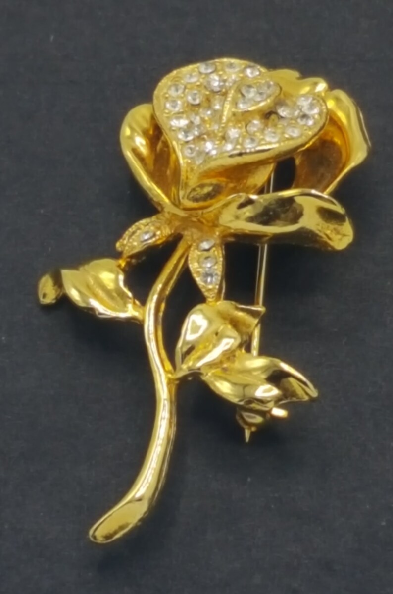 Vintage Gold & Rhinestone Rose Brooch - Etsy