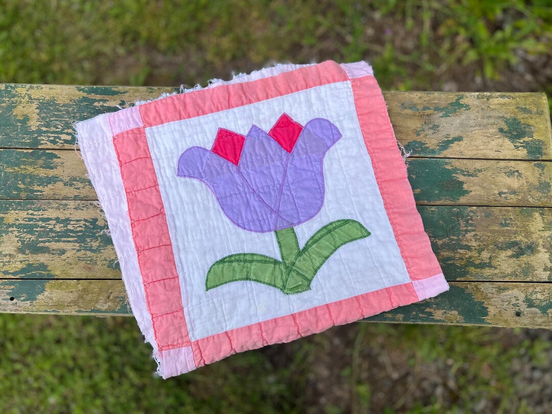 Charming Handmade Quilt Piece W Two Tulips, Appliqued Quilt Piece ...