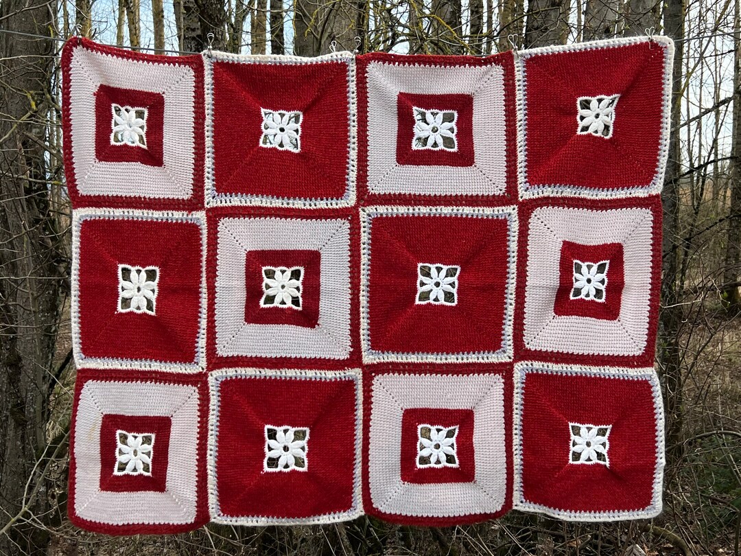 Beautiful Handmade Afghan, Crocheted Afghan, Red Gray Afghan, Granny ...