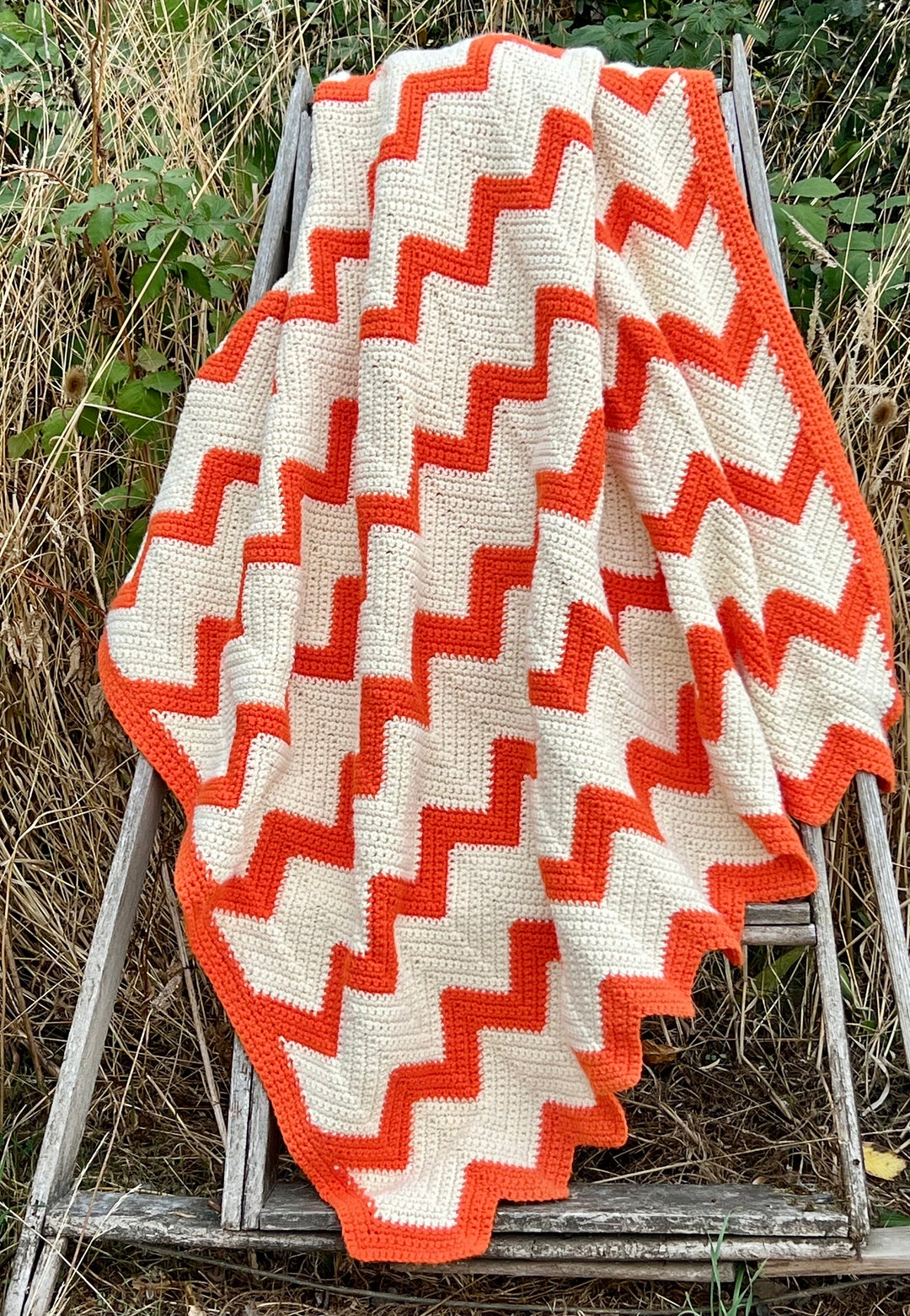 Gorgeous Vintage Afghan, Red, Gold, White Chevron Print Afghan, Large Afghan, Afghan Bedspread ...
