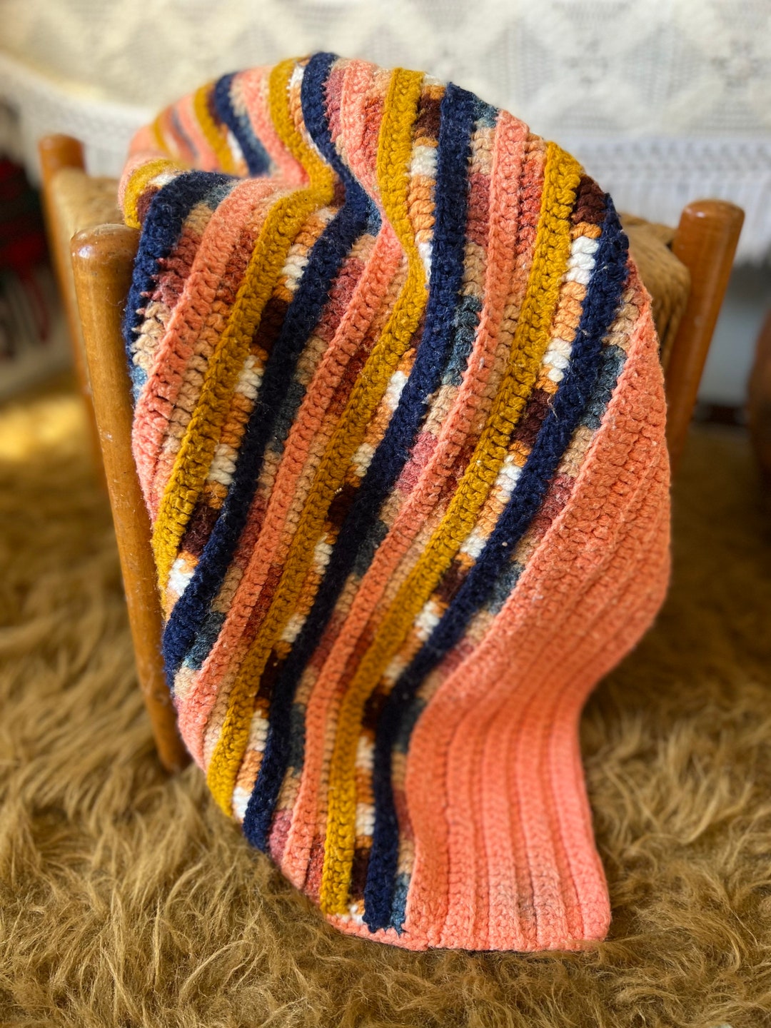 Aztec Small Afghan, Vintage Afghan, Lap Blanket, Coral, Terra Cotta and ...