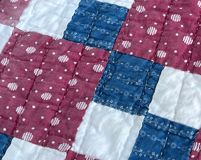 A Vintage Patchwork Quilt Piece, Hand Quilted Quilt Piece, Red White ...