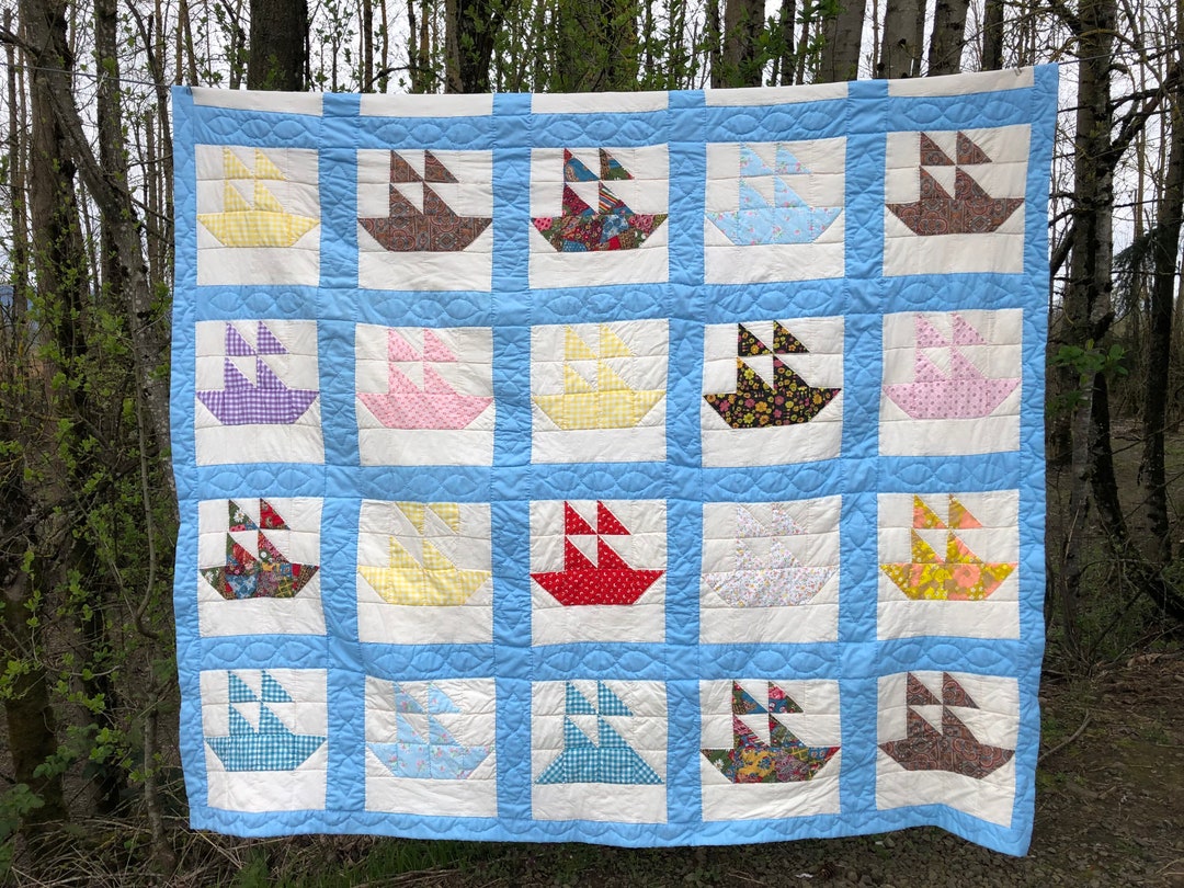 Vintage Sail Boat Quilt, Sail Boat Quilt, Nautical Quilt, Patchwork ...