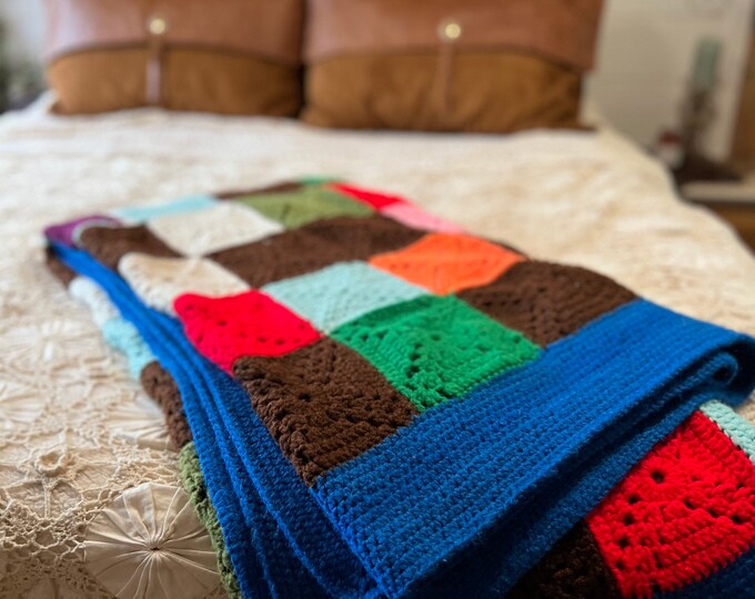 Large Patchwork Afghan, Vintage Afghan, Crocheted Quilt, Patchwork ...