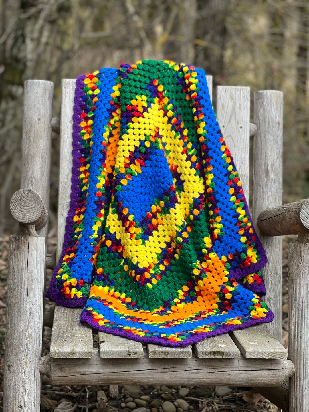 Colorful Crocheted Afghan, Rainbow Afghan, Bold Colored Afghan, Granny ...