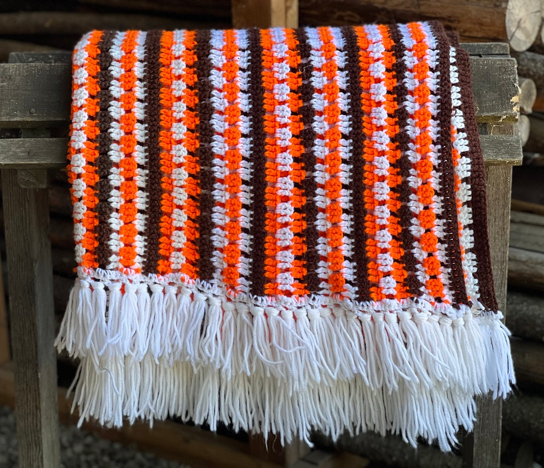 Vintage 1970's Afghan, Orange Brown & White Afghan, Crocheted Afghan ...