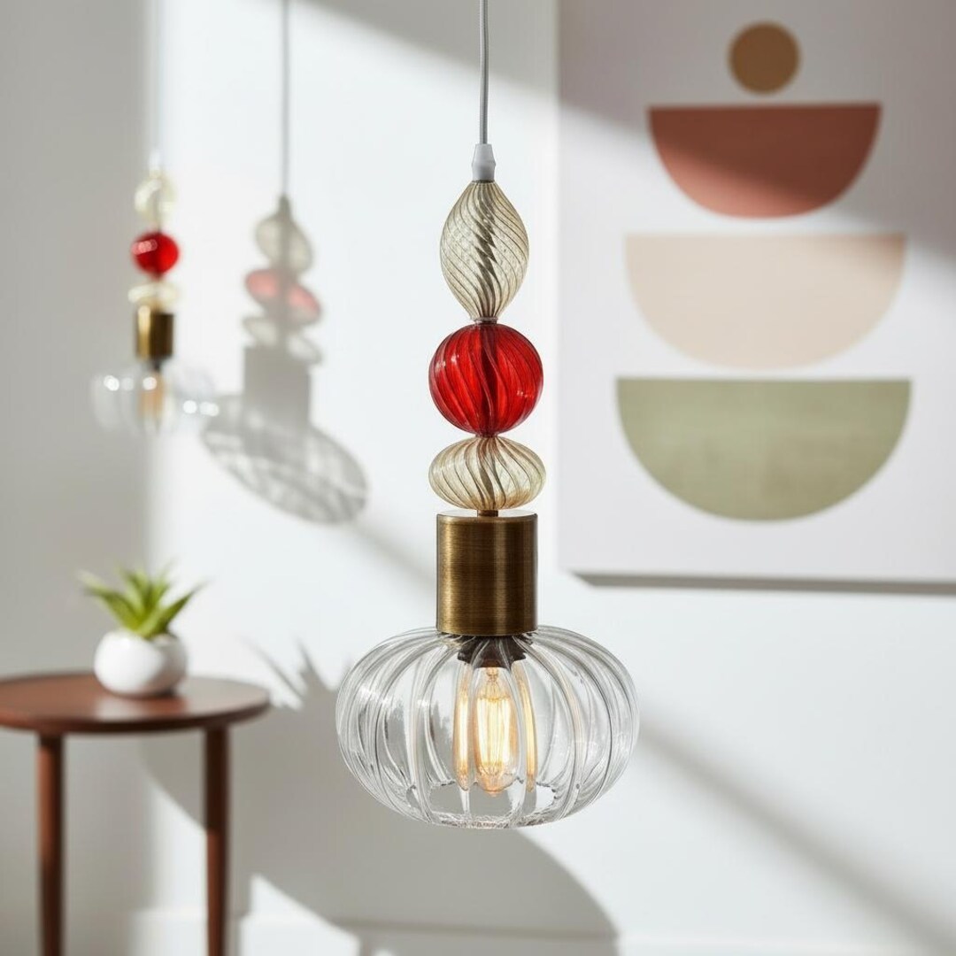 Multi-sphere Glass Pendant Light With Red Accent and Clear Ribbed Shade ...