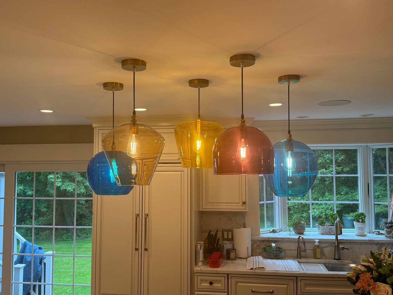 Set of Four Hanging Lights Over Bar, Ceiling Light Fixture, Blown Glass ...