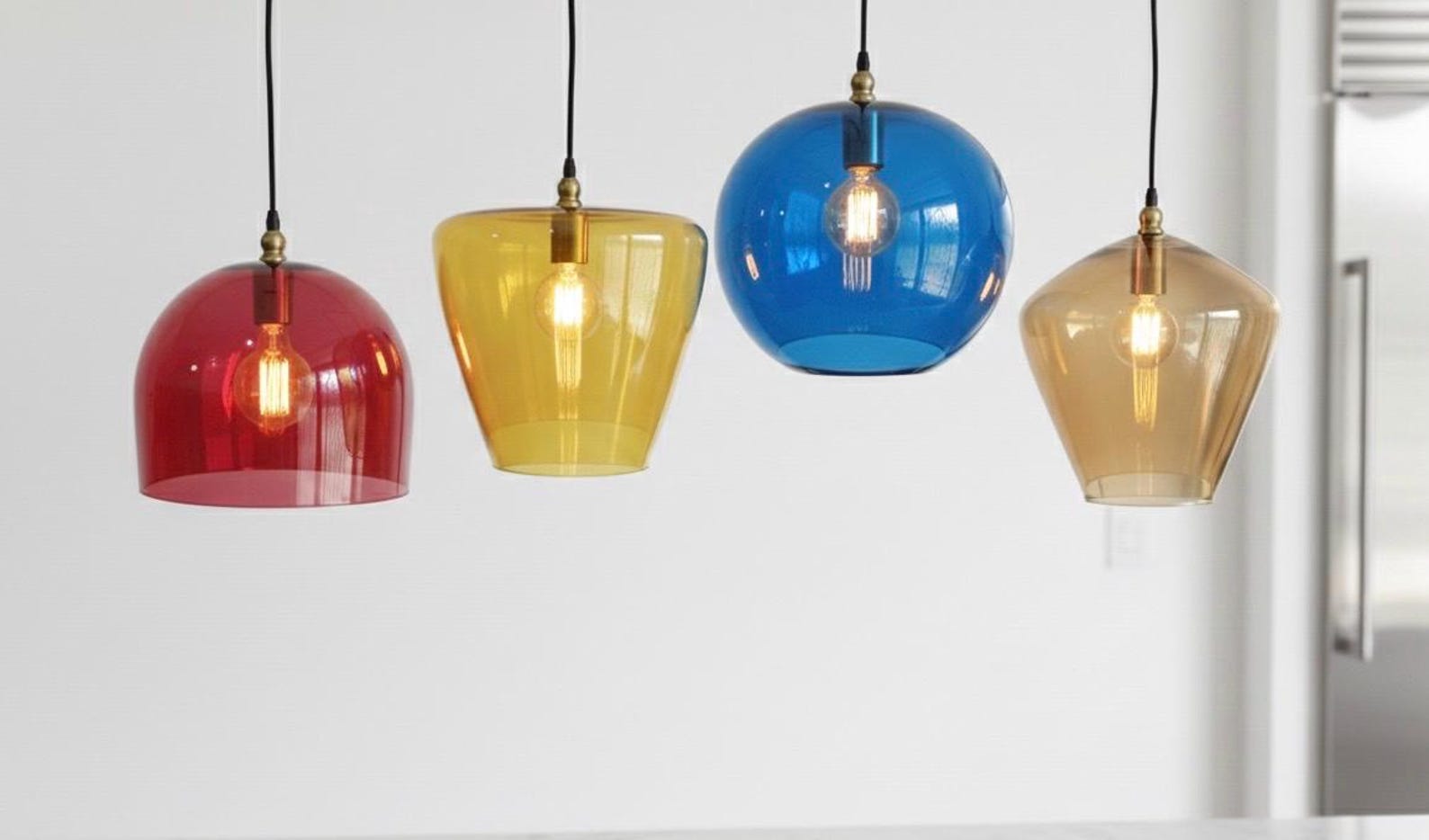 Set of Four Hanging Lights Over Bar, Ceiling Light Fixture, Blown Glass ...