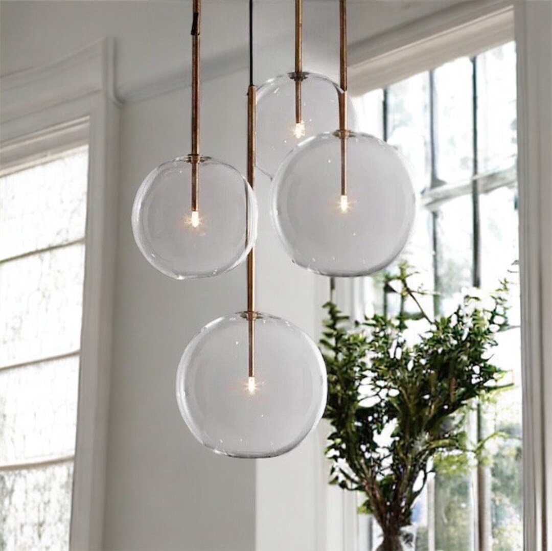 Set of Four Blown Glass Pendant Lights With Copper Rods for Living Room ...