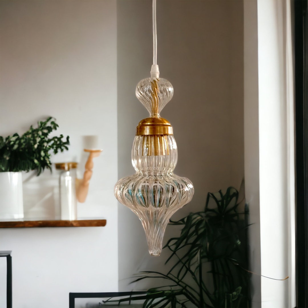 Ribbed Hand Blown Glass Pendant Light - Kitchen Island Ceiling Light ...