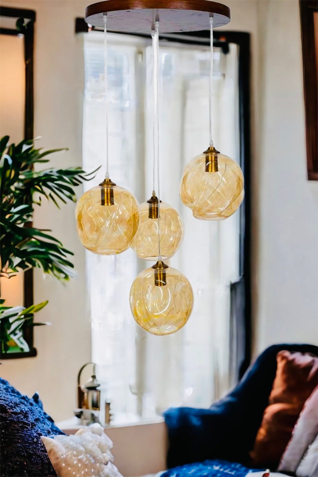 Set of Four Blown Glass Light Pendants + Ceiling Plate for Living Room ...