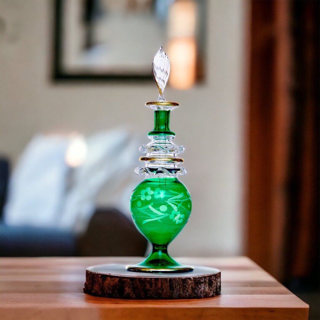 Green Perfume Bottle - Hand Painted - Colored Glassware - Empty Perfume ...
