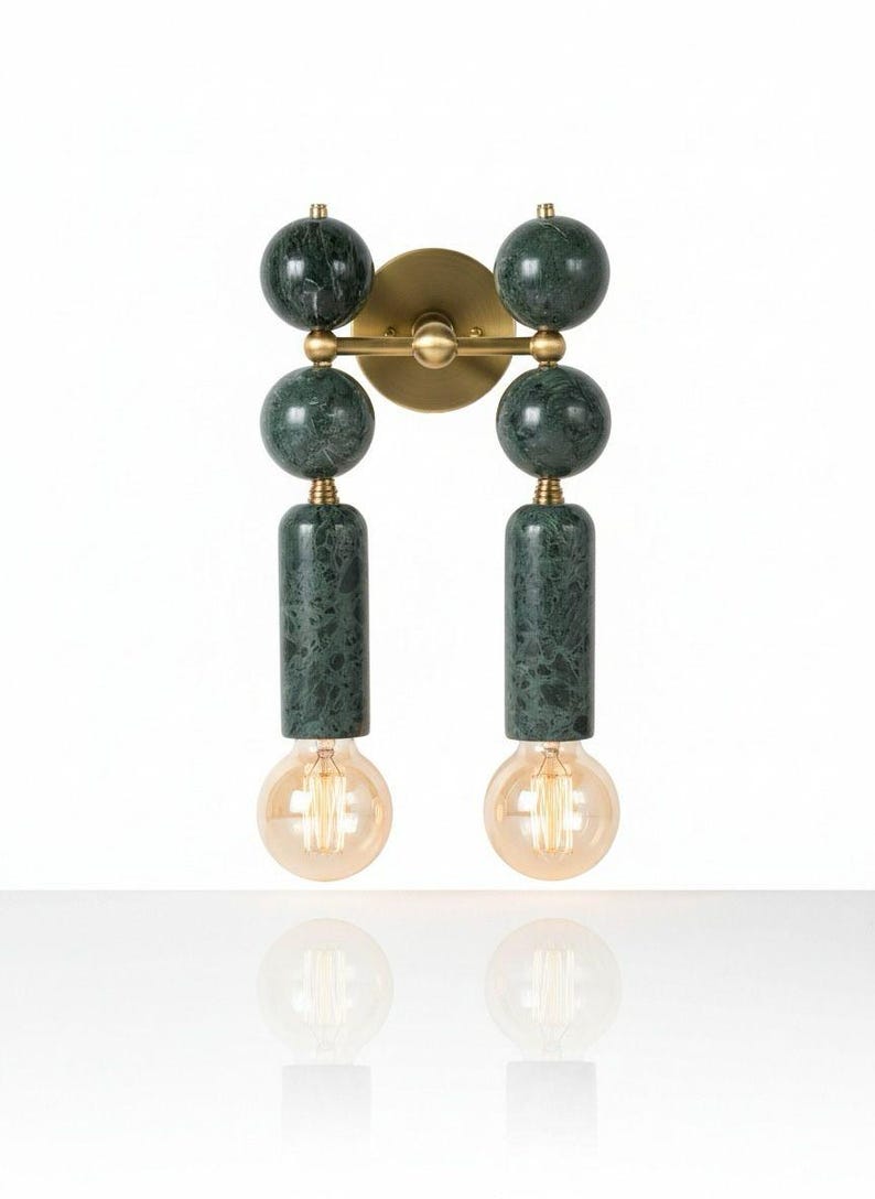 Double Natural Green Marble Wall Sconce | Modern Brass Stone Wall Light ...