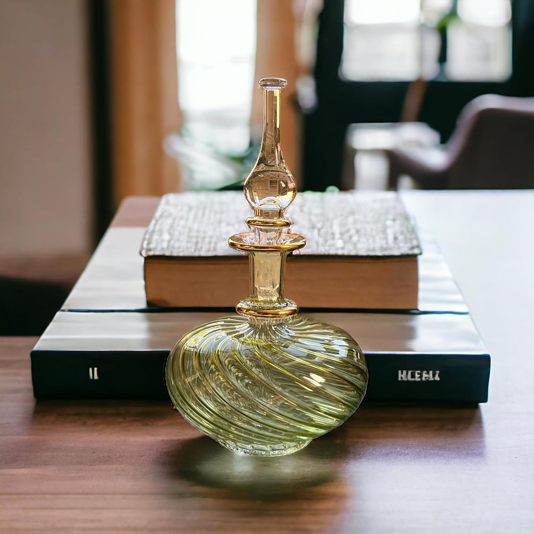 Green Ribbed Blown Glass Perfume Bottle in 14 K Gold | Fragrance Bottle ...
