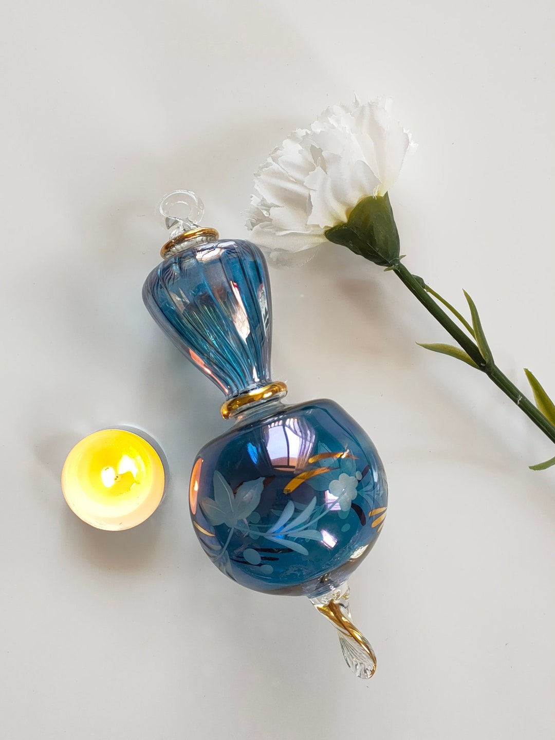 Set of Ten Engraved Blue Glass Tree Topper Ornament 14 K Gold for Xmas ...