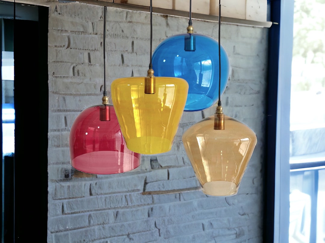 Set of Four Hanging Lights Over Bar, Ceiling Light Fixture, Blown Glass ...