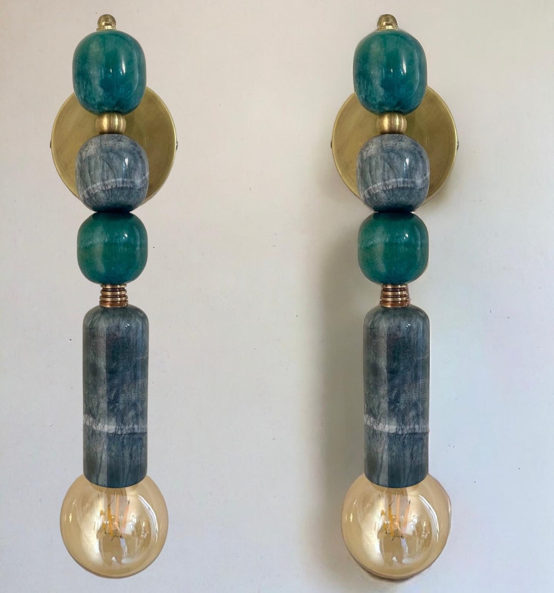 Set of Two Handmade Brass Finish Sconce Lighting With Green Marble ...