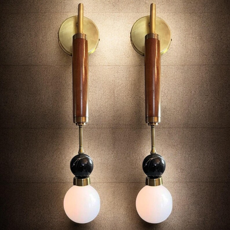 Handmade Mid-century Modern Brass & Wood Wall Sconces - Art Deco ...