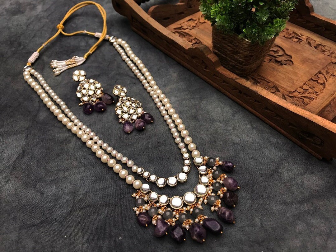 Amethyst Long Kundan Necklace Set, Pakistani Necklace, Pearl Kundan ...