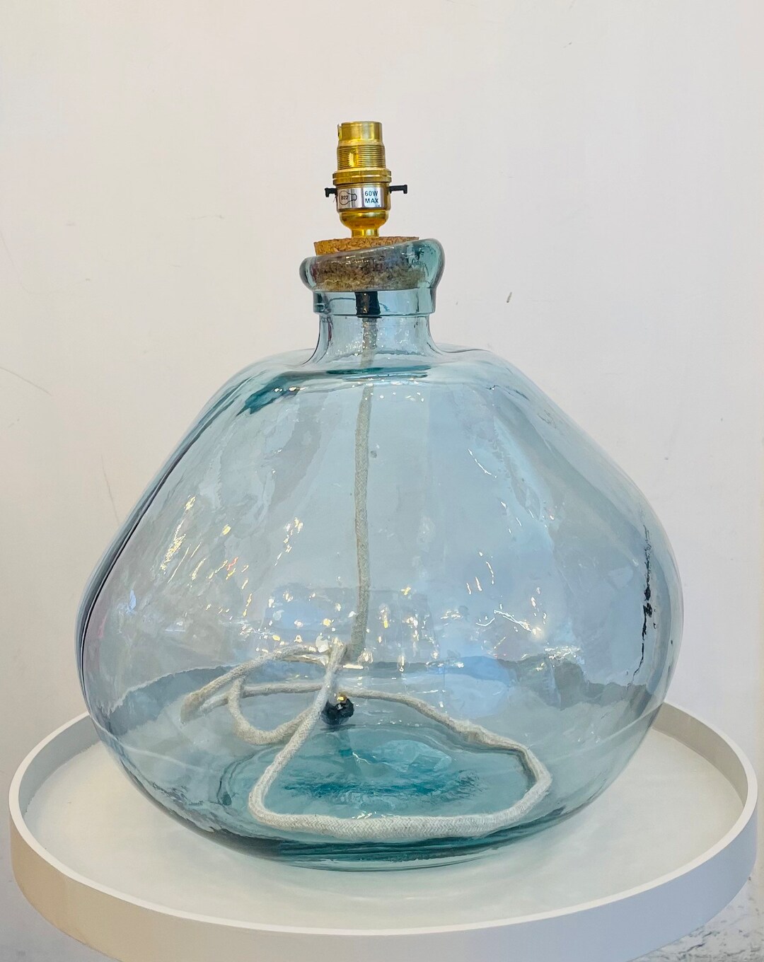 Light Blue Handmade Recycled Glass Table Base With Linen Flex 39cm ...