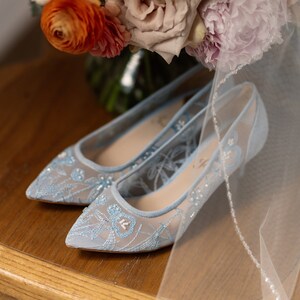 Blue Wedding Pumps With Mid Pointy Heel and Floral Embroidery, Floral ...