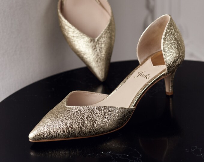 Elegant Golden Wedding Pumps With Mid Kitten Heel and Closed Pointy Toe ...