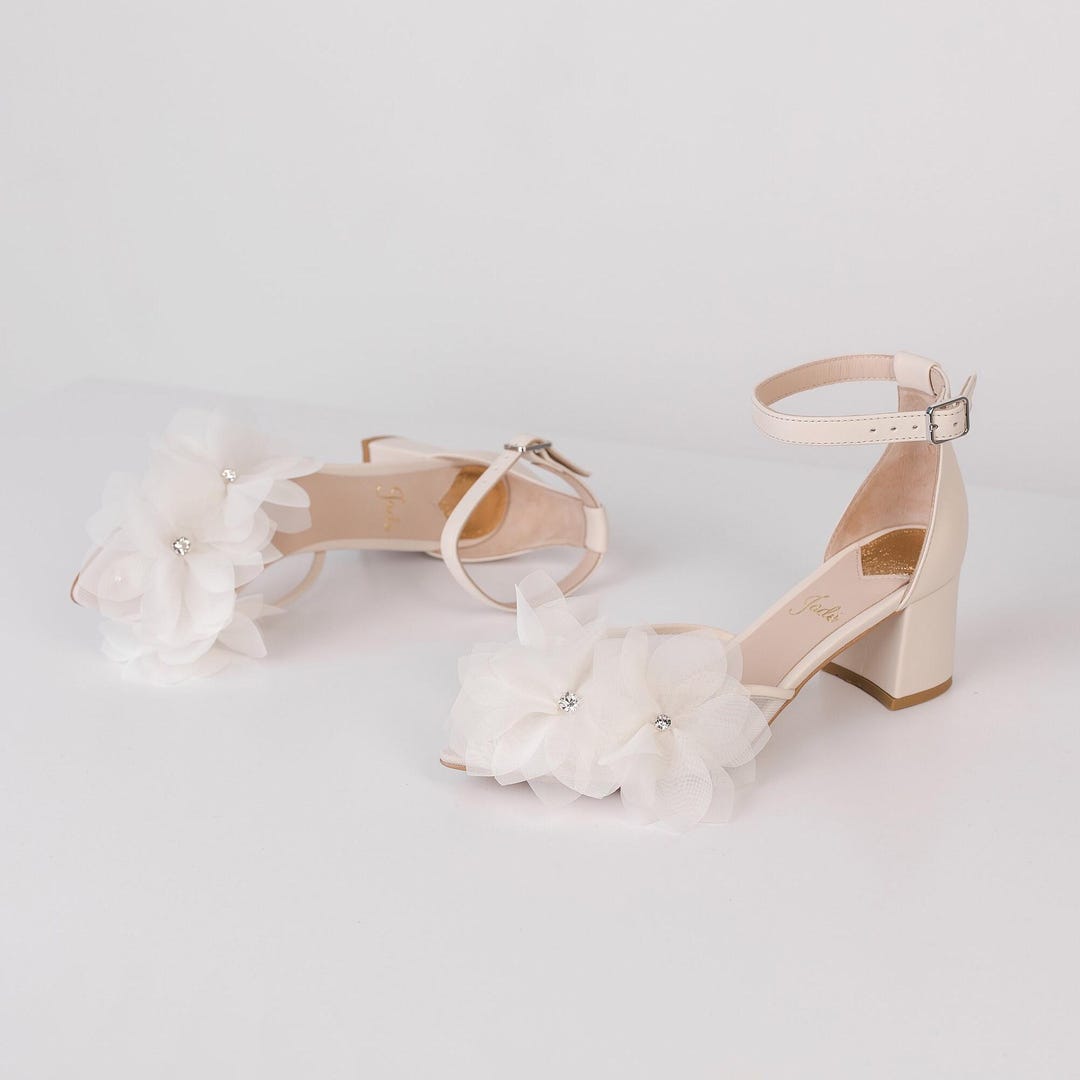 Ivory Wedding Sandals With Flower Decoration, Bridal Block Heels With ...