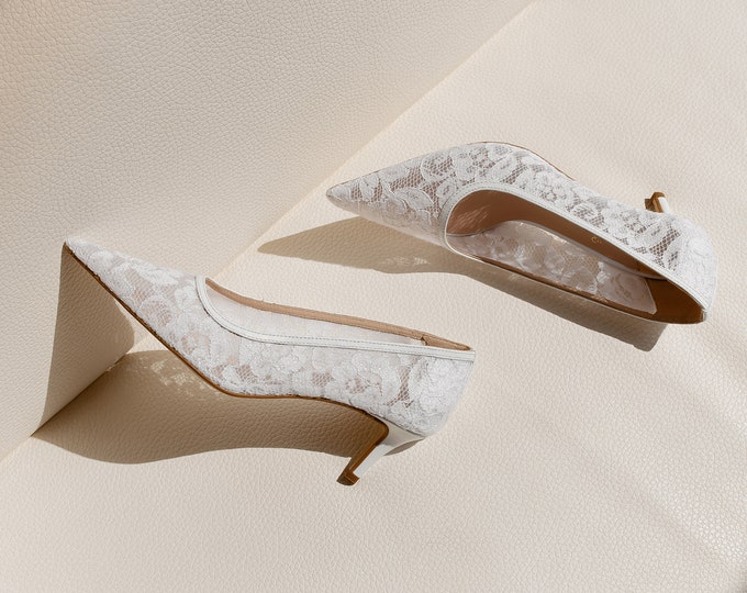 White Wedding Pumps With Low Pointy Heel and Floral Lace, Floral ...