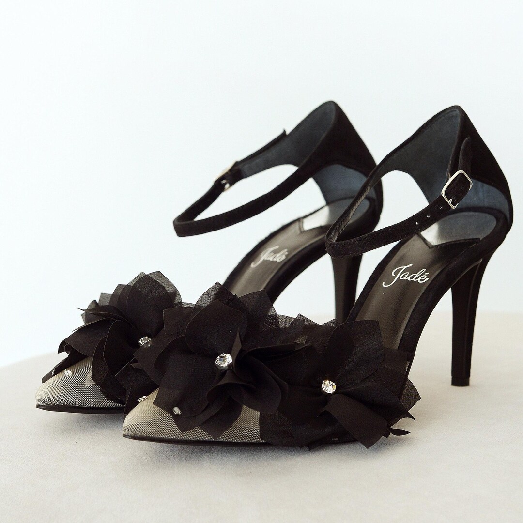 Black Wedding Shoes With Black Flowers and Pointy High Heels, Floral ...