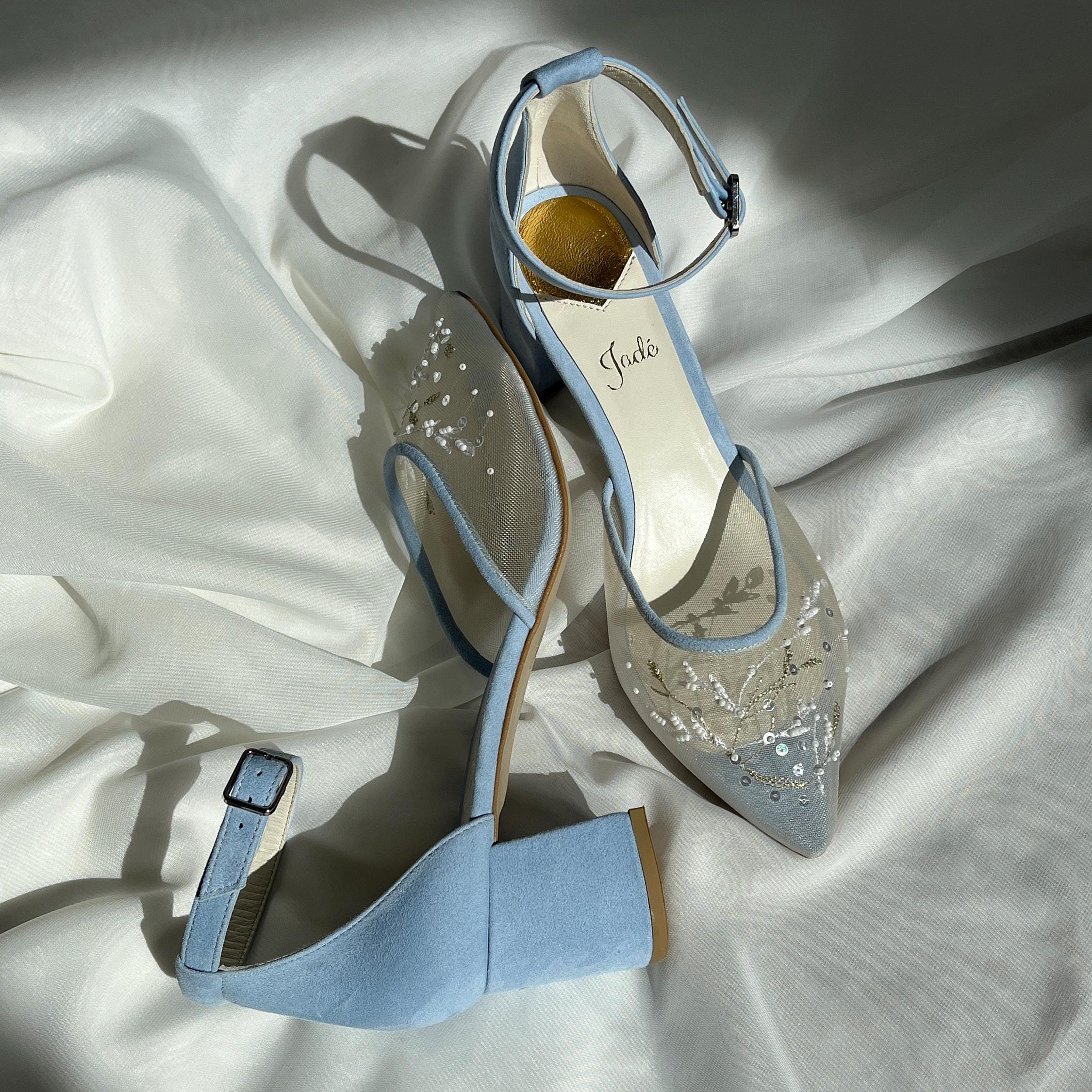 Blue Wedding Sandals With Low Block Heels, Ankle Strap and Handmade ...