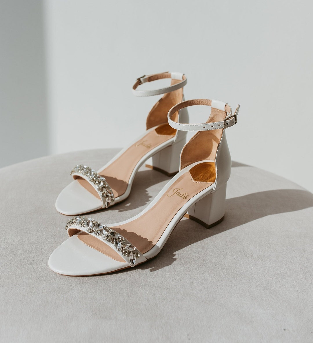 White Wedding Sandals With Low Block Heel and Ankle Strap, Leather ...