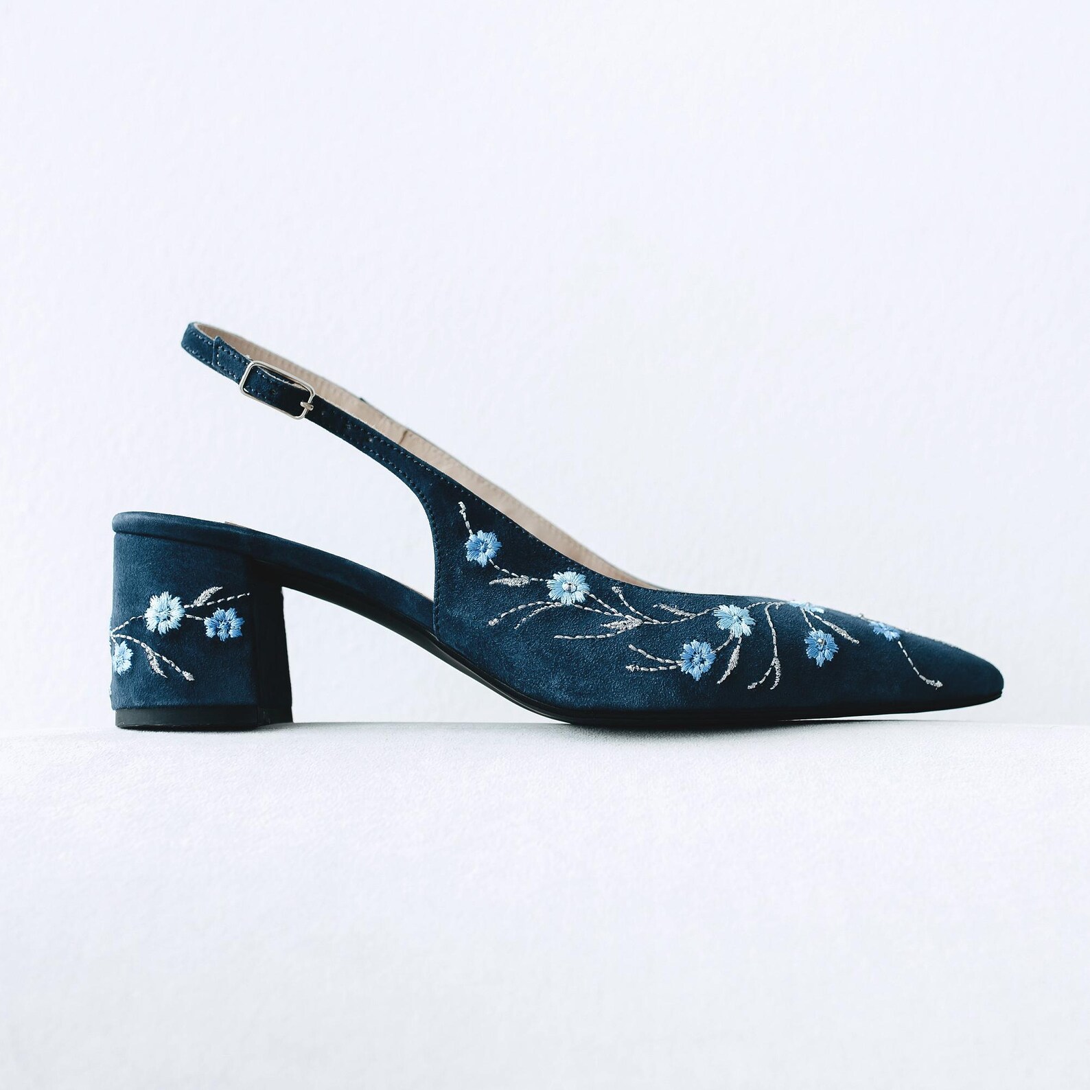 Royal Blue Slingback Wedding Pumps With Handmade Flower Embroidery and ...