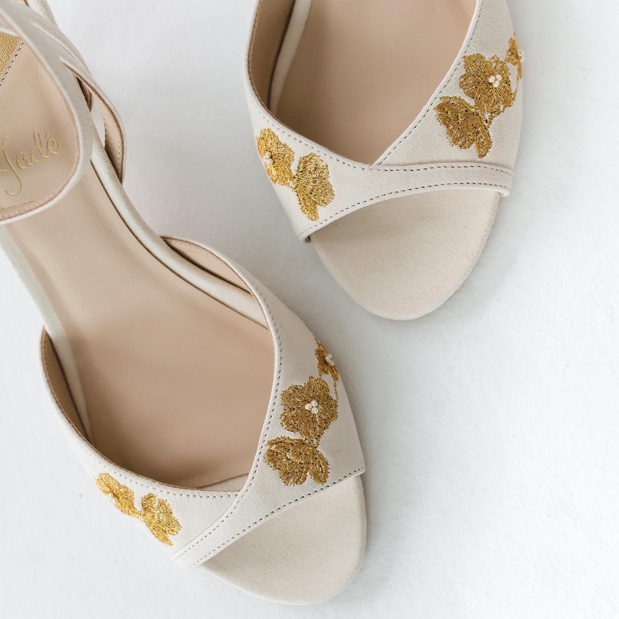 Ivory Wedding Sandals With Marigold Embroidery and Low Curvy Heels ...