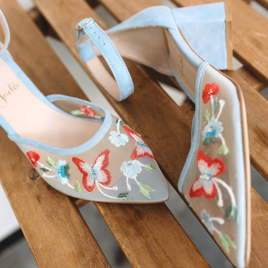 Blue Wedding Sandals With Block Heels, Ankle Strap and Handmade Coral ...