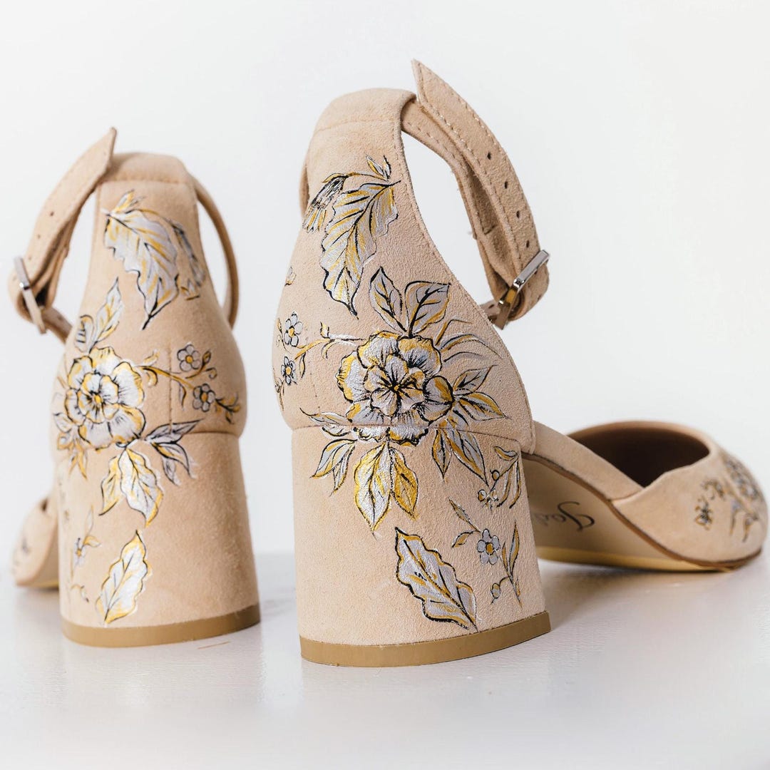 Hand Painted Bridal Sandals With Flowers, Wedding Shoes With Low Block ...