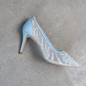 Blue Wedding Pumps With High Pointy Heel and Wildflower Embroidery ...