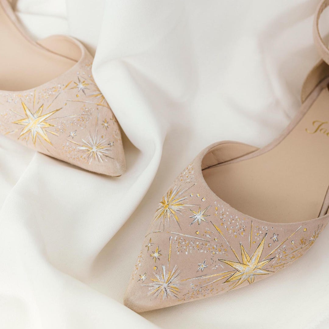 Hand Painted Celestial Bridal Sandals With Stars, Wedding Shoes With ...