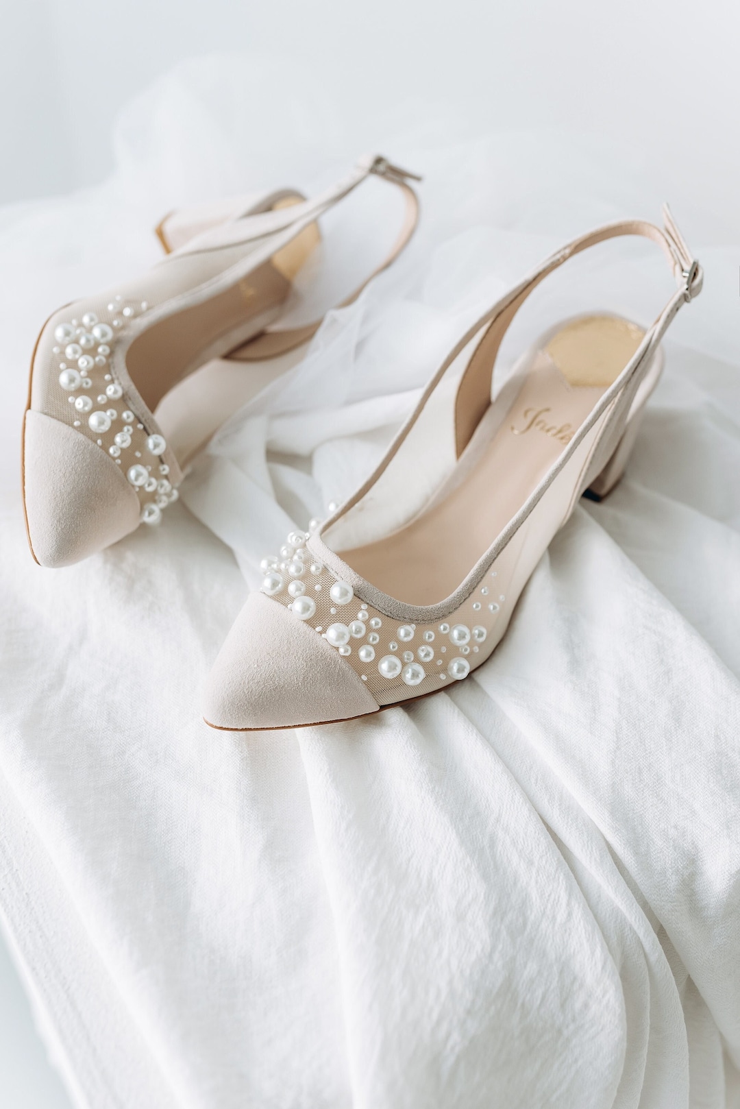 Ivory Wedding Sandals With Low Block Heel and Pointy Toe, Slingback ...