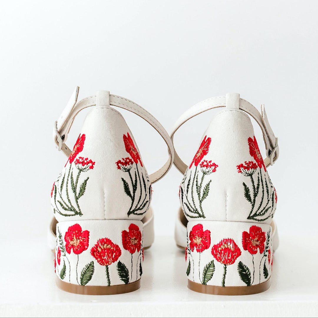 White Bridal Shoes With Custom Poppy Embroidery, Suede Wedding Block ...