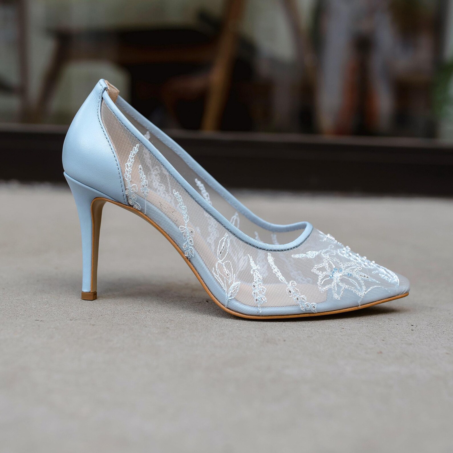 Blue Wedding Pumps With High Pointy Heel and Wildflower Embroidery ...