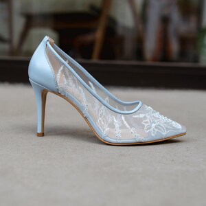 Blue Wedding Pumps With High Pointy Heel and Wildflower Embroidery ...