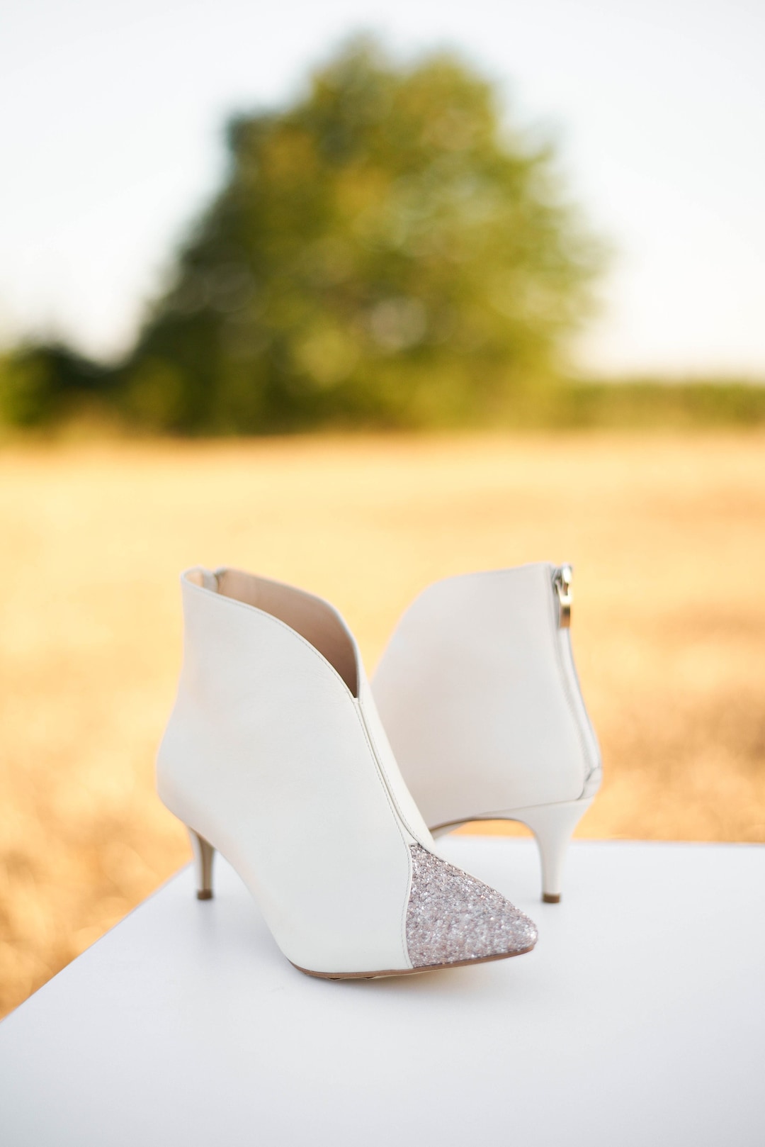 Ivory Wedding Boots With Low Kitten Heels and Glitter Closed Toe ...