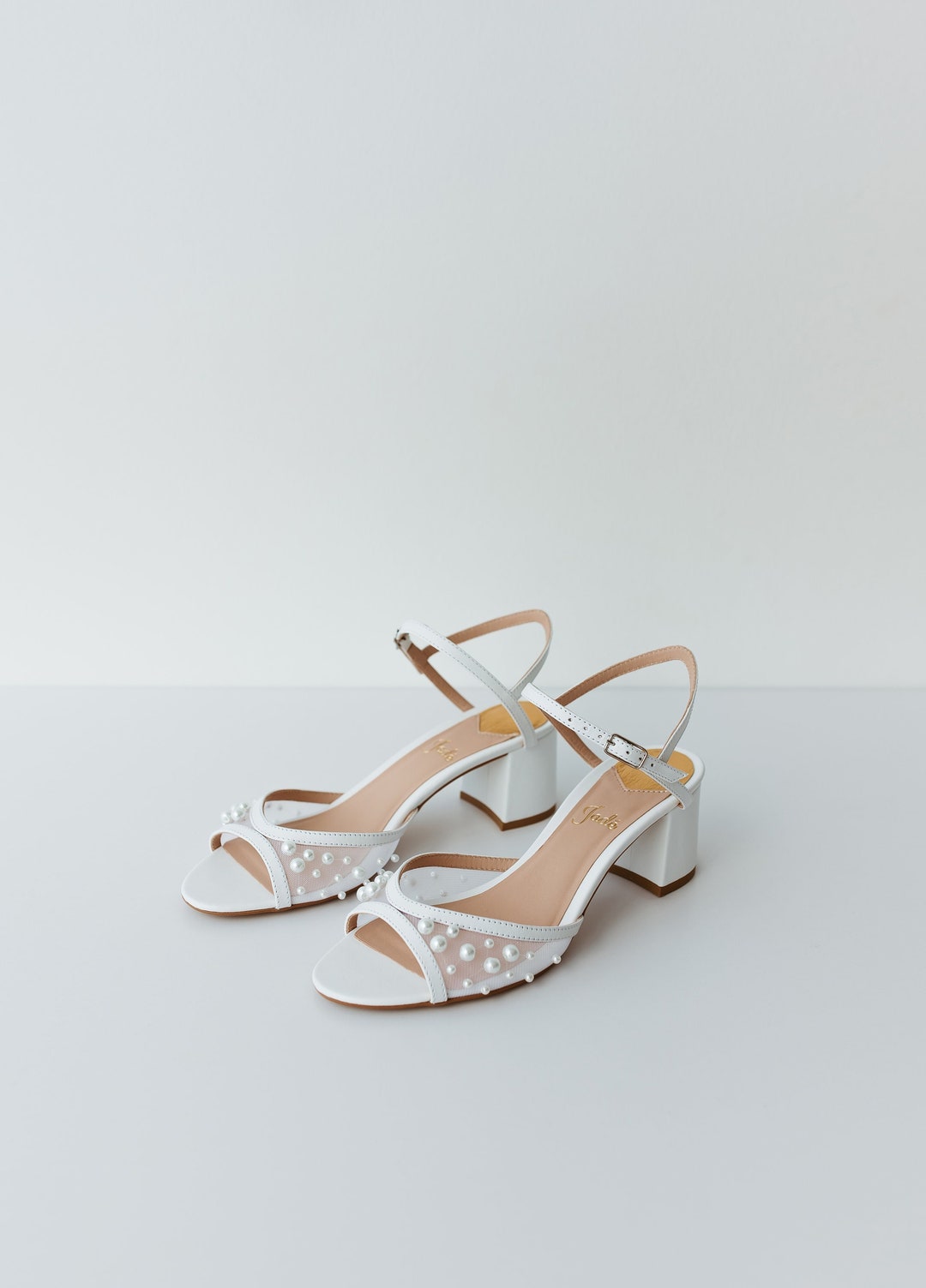 White Wedding Sandals With Low Block Heel and Open Peep Toe, Slingback ...
