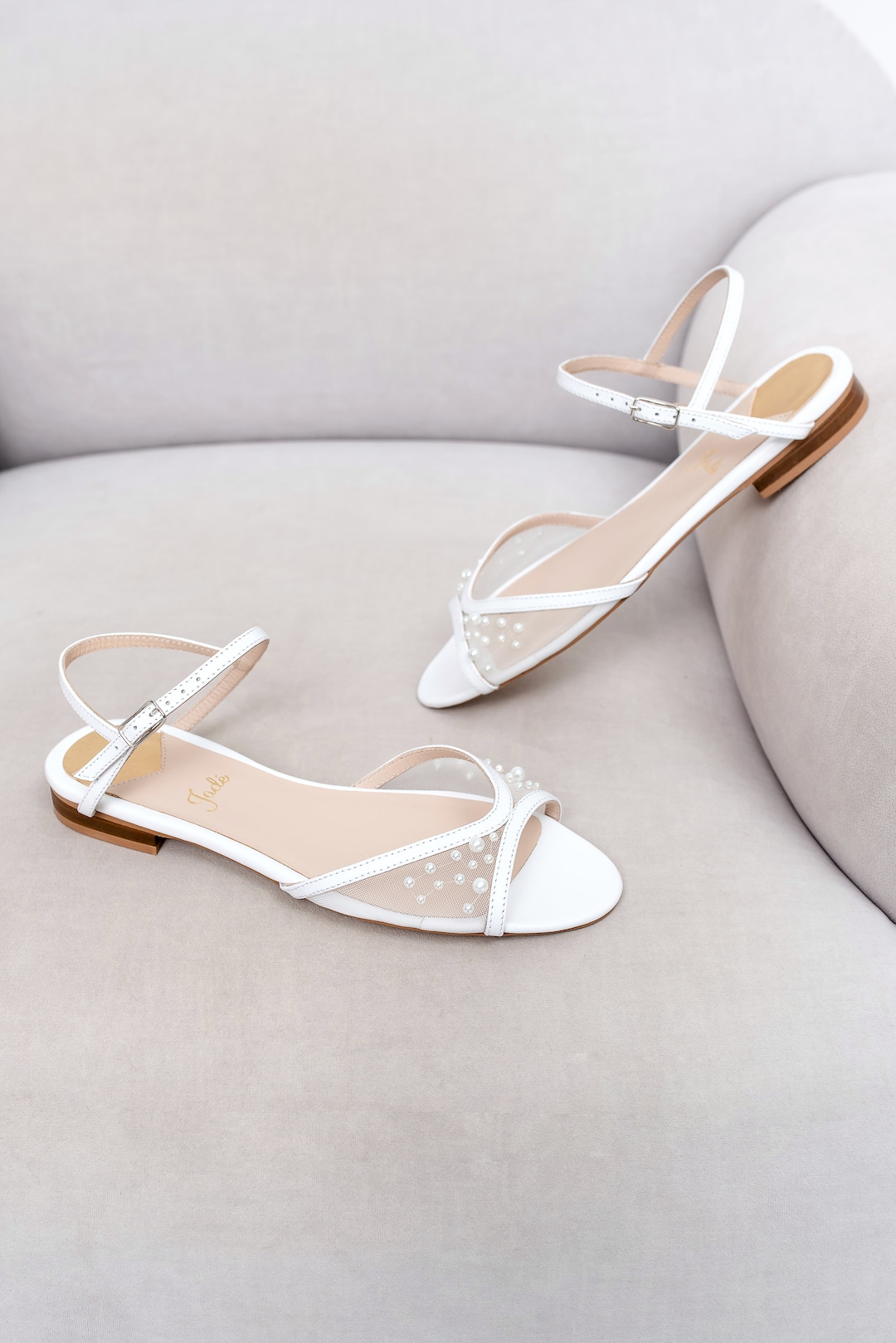 White Wedding Sandals With Flat Heel and Open Peep Toe, Slingback ...