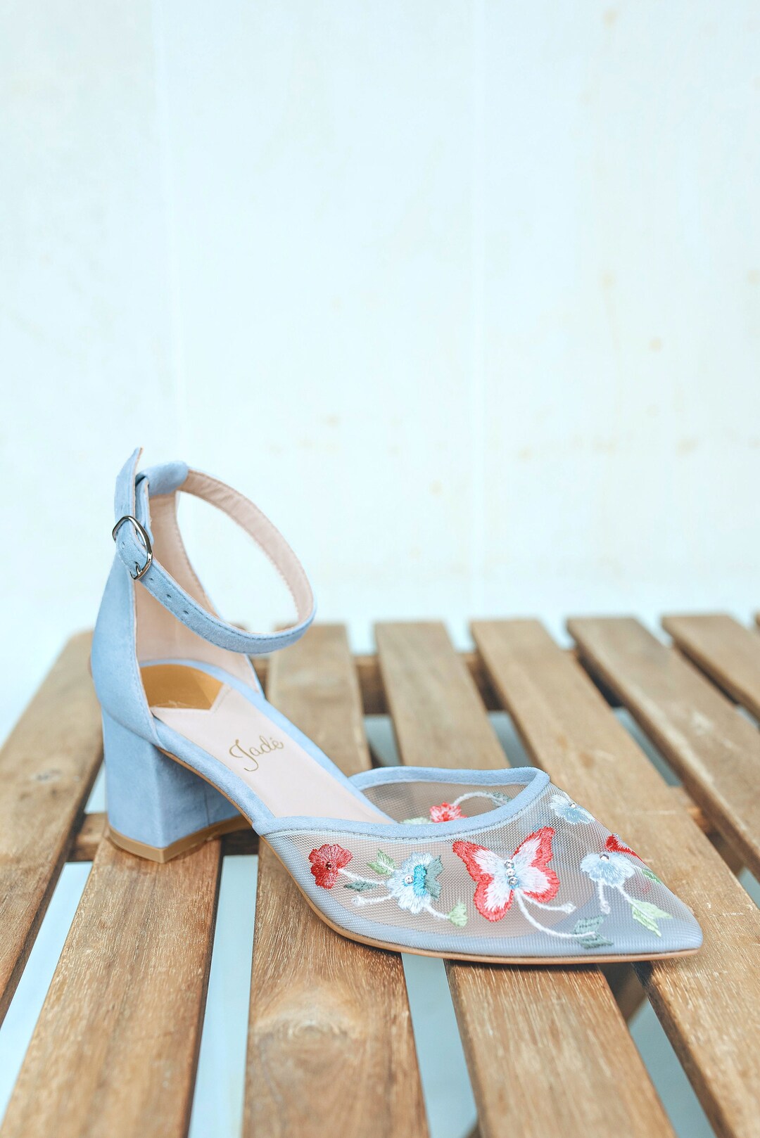 Blue Wedding Sandals With Block Heels, Ankle Strap and Handmade Coral ...