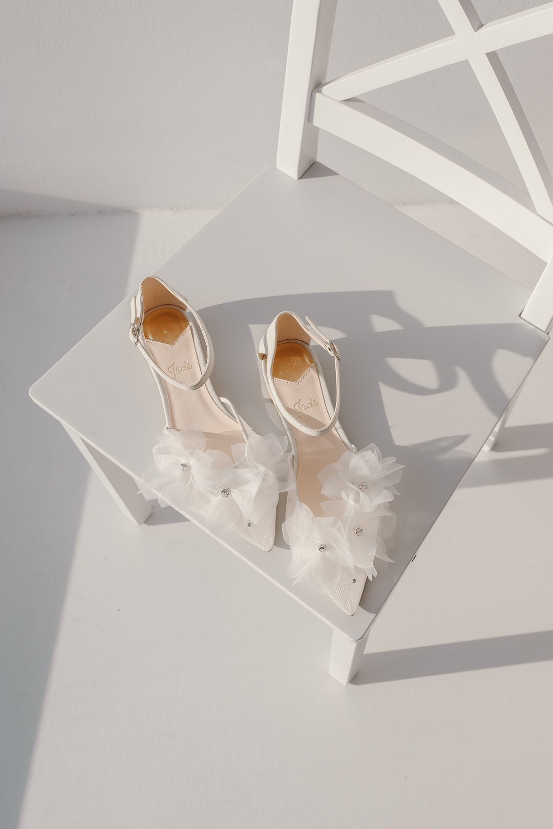 White Wedding Flats With Organza Flowers, Bridal Flat Shoes With Ankle ...