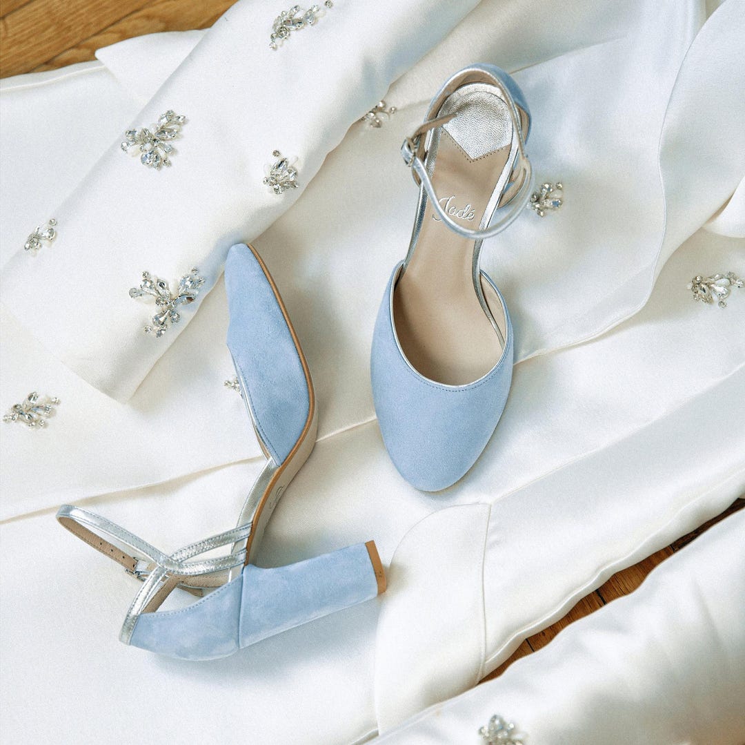 Blue Wedding Sandals With Block Heel and Almond Toe, Bridal Heels With ...