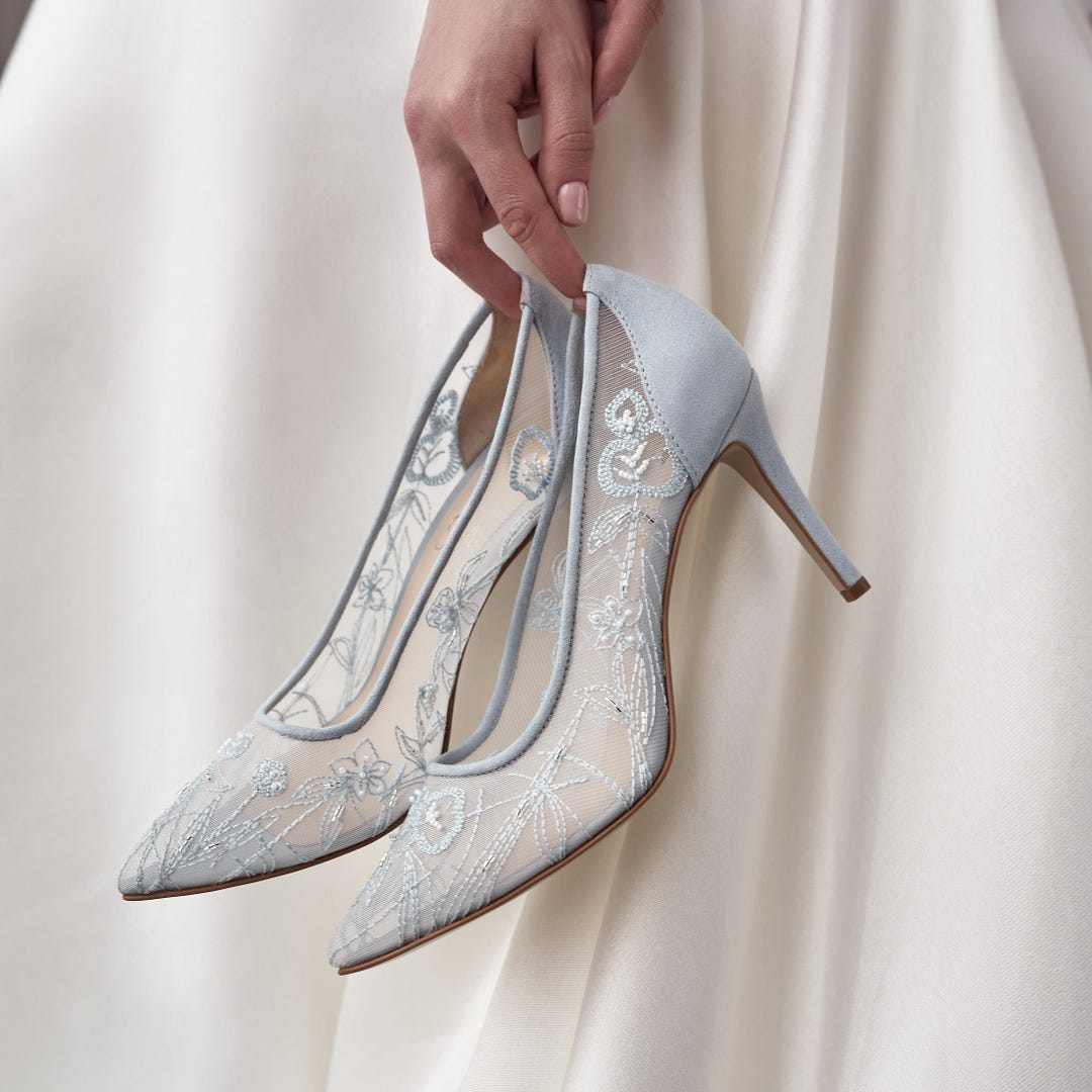 Blue Wedding Pumps With Mid Pointy Heel and Floral Embroidery, Floral ...